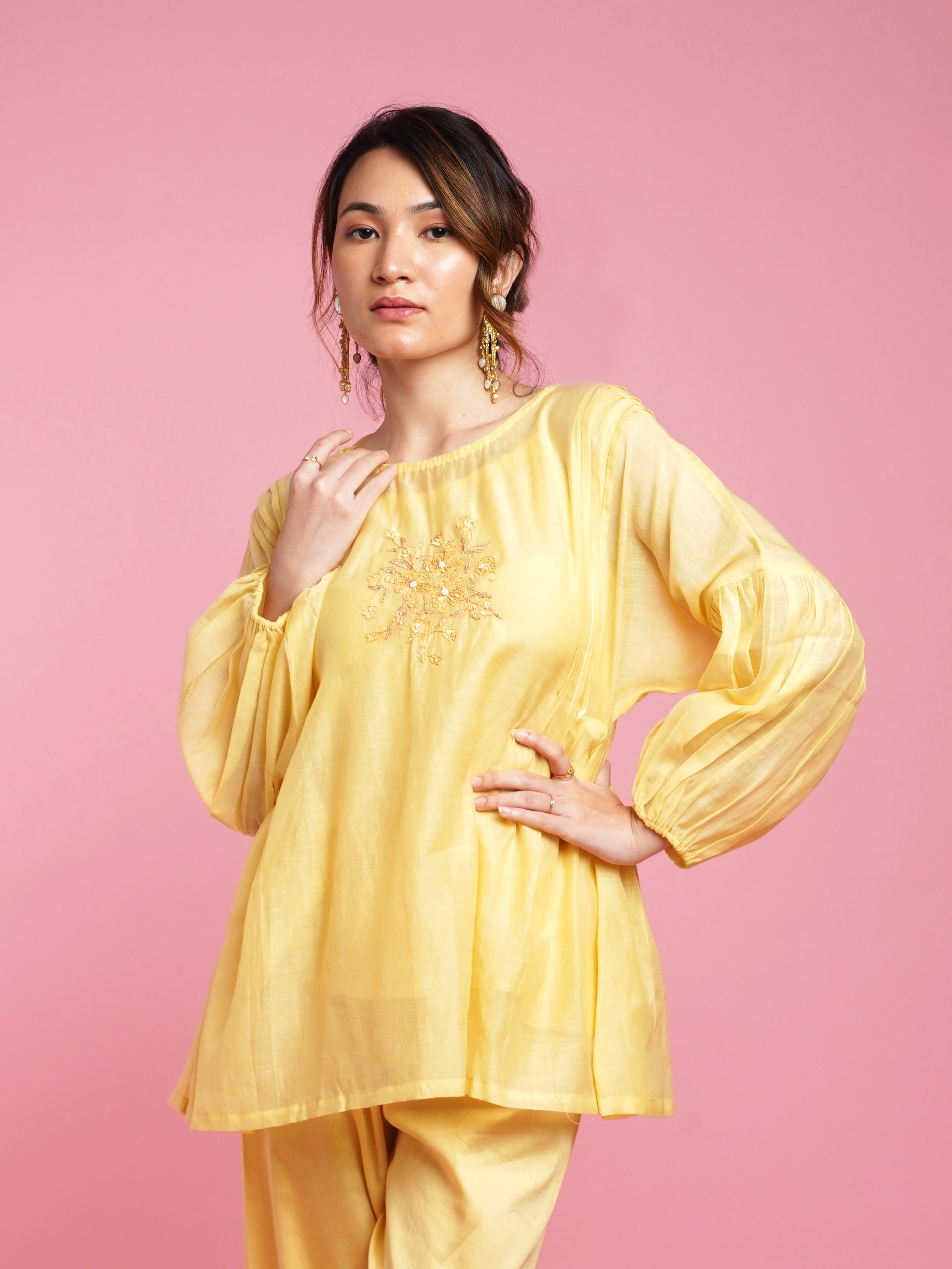 Phool Gathered Top- Yellow – Beige India