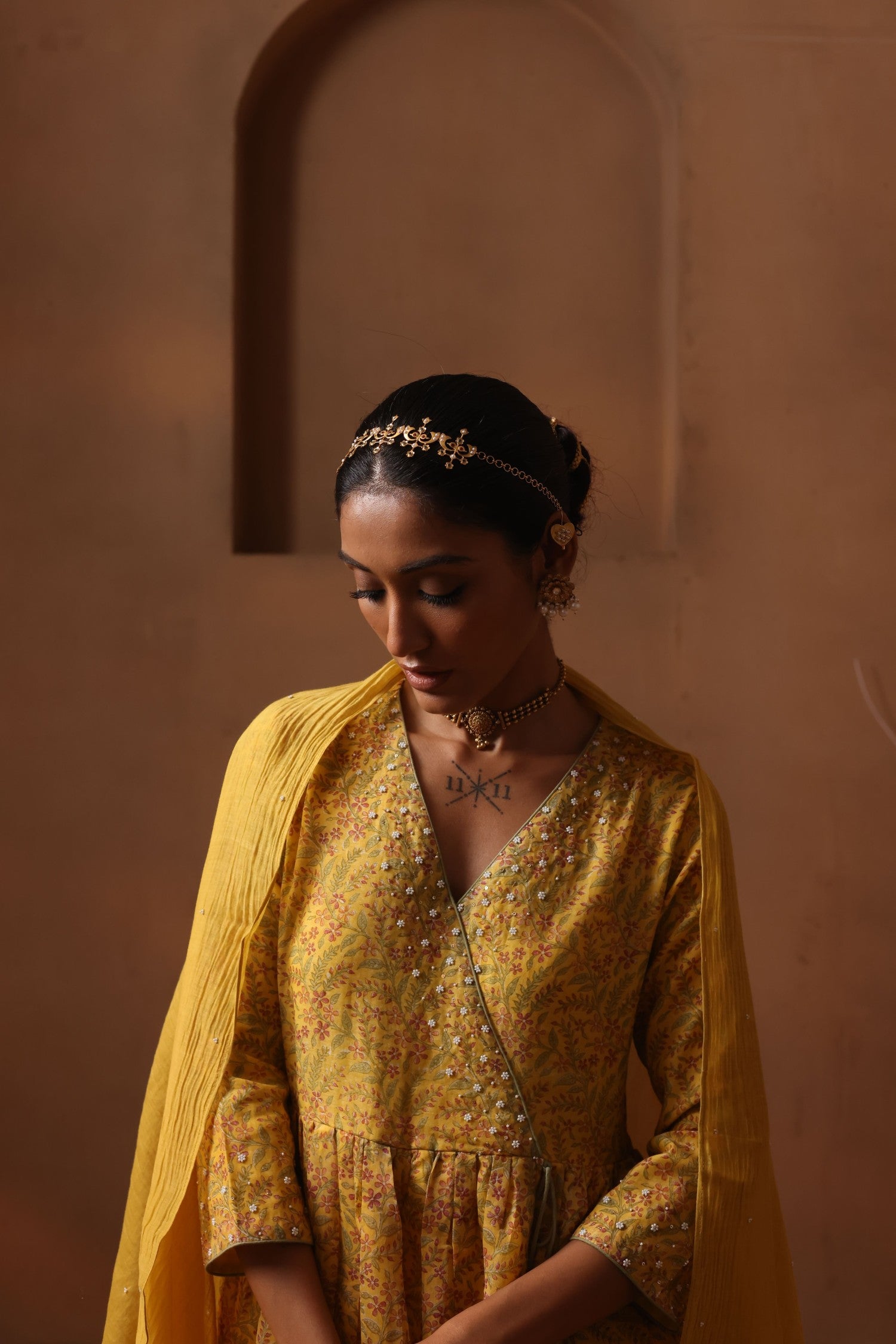 Gunjan Printed Angrakha Set - Yellow – Beige India